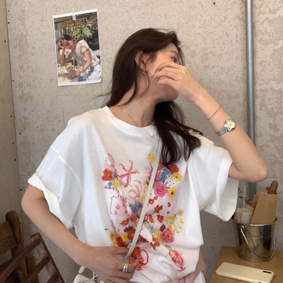 柠檬绿茶-莫奈花园印花宽松百搭短袖T恤10135