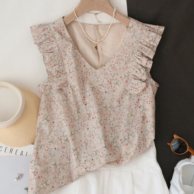 法式V领飞袖碎花无袖纯棉衬衫