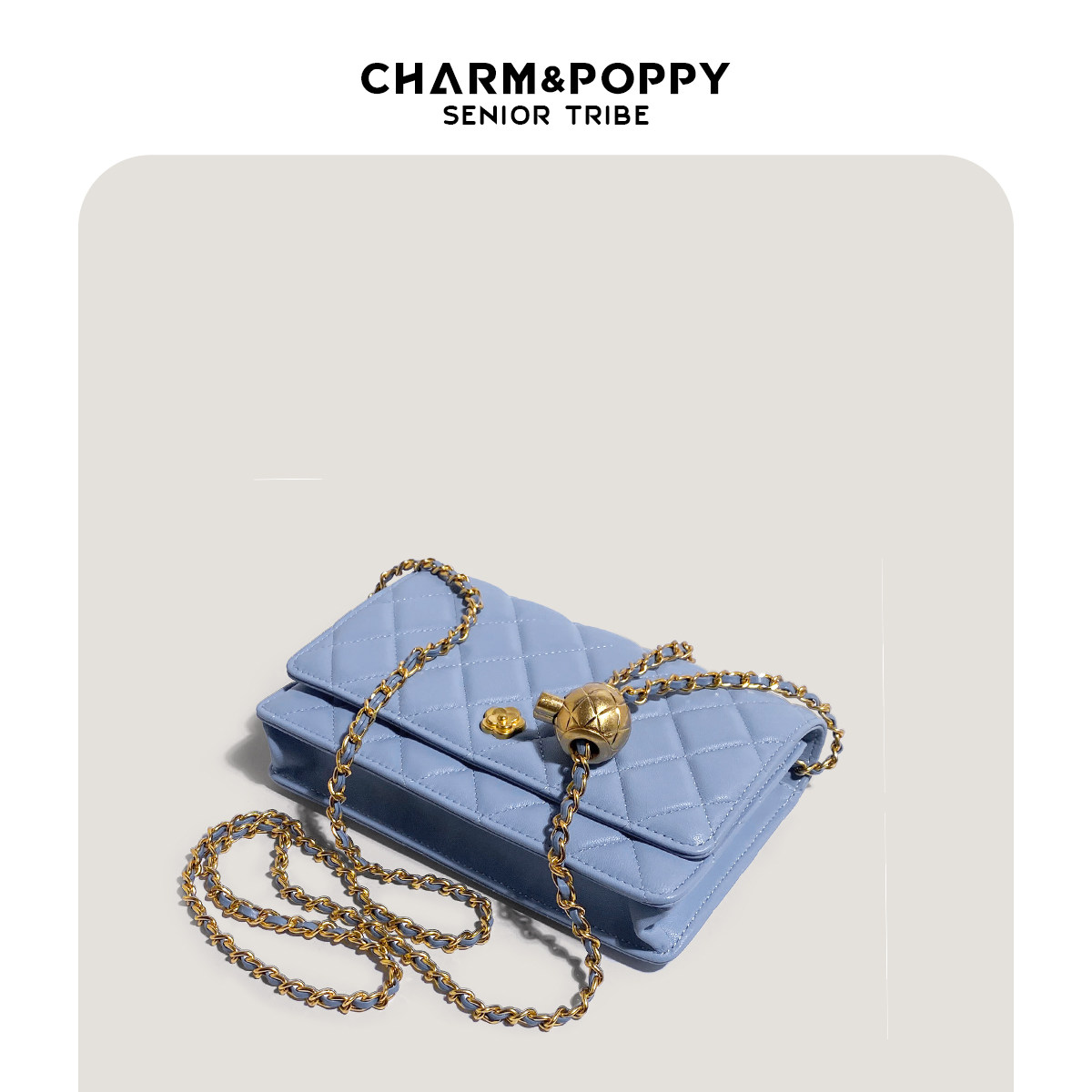 CHARMPOPPY山茶花菱格小方包女高级感woc小金球链条斜挎包发财包_虎窝淘