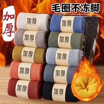 袜子男款秋冬款加绒加厚保暖毛圈袜防臭防寒特厚黑色毛巾袜老年袜