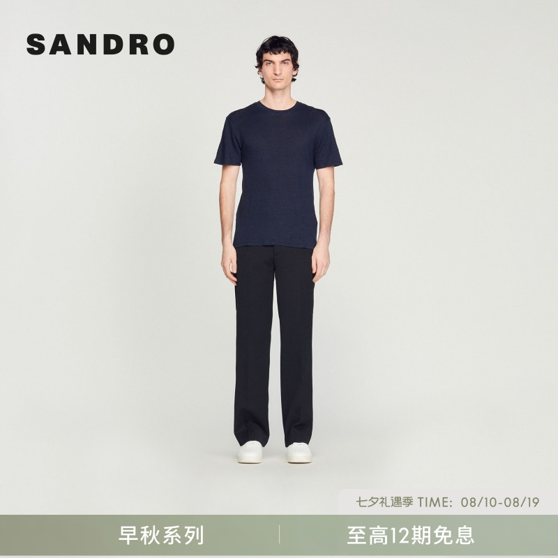 SANDRO夏季男装法式时尚休闲简约深蓝色亚麻圆领短款针织T恤上衣