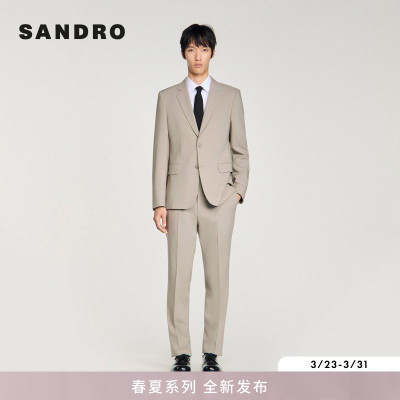 新品首发SANDRO2026春季新款男装法式绵羊毛单排两粒扣平驳领西装