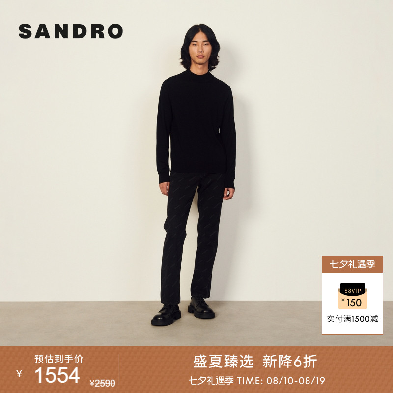 新品首降丨SANDRO男装时尚绵羊毛黑色休闲经典套头圆领针织衫上衣