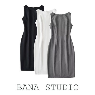 收腰黑白灰无袖包臀中长款连衣裙