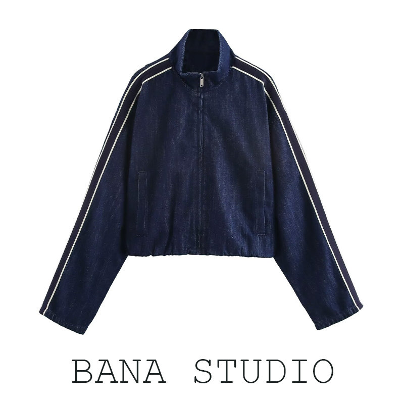 BANA西班牙外贸出口大码宽松条纹立领短款牛仔外套女春秋短外套