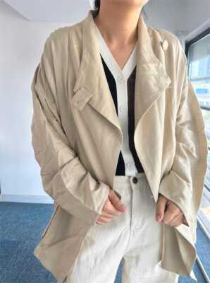 2024早秋亚麻双排扣收腰显瘦不对称风衣外套高端减龄百搭外套