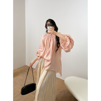 IMMUNO壹糯 法式温柔风高领微透风琴褶灯笼袖上衣宽松舒适衬衫