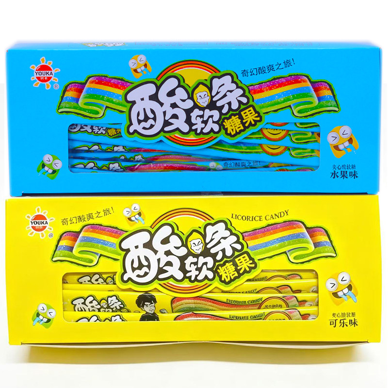 优卡酸软条夹心软糖可乐水果味凝胶糖果网红新款彩虹条小零嘴食品