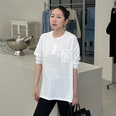 widelia十三行春夏简约白色亨利领长袖T恤女休闲竹节棉上衣7103