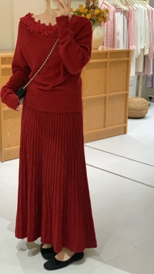 wens sunshine氛围感针织大摆压褶百搭松紧腰半身裙（含6%羊毛）