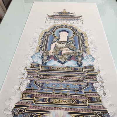 夏荆山 《佛像微喷释迦摩尼 》复古书画人物国画真迹仿古复制挂轴