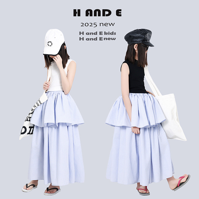 H AND E 原创童装2026夏季蓝色条纹双层半身裙拼接花苞裙甜美长裙