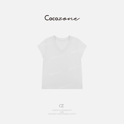 COCO ZONE 刘一一锁骨T100棉基础简约显瘦V领短袖T恤上衣夏季新款