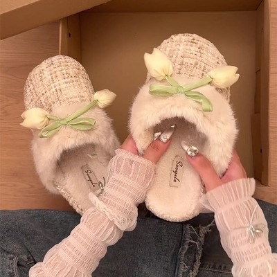 可爱蕾丝蝴蝶结仙女风包头2025新款毛毛拖鞋冬防滑室内家居棉拖鞋