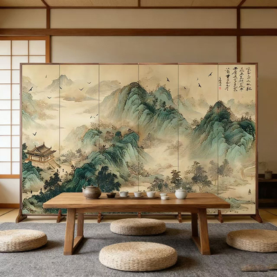 新中式屏风隔断客厅遮挡玄关茶室装饰折屏可折叠山水画背景墙定制