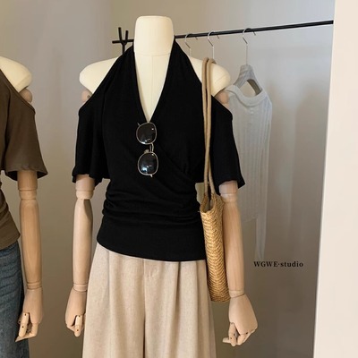 辣妹挂脖设计感露肩短袖T恤女