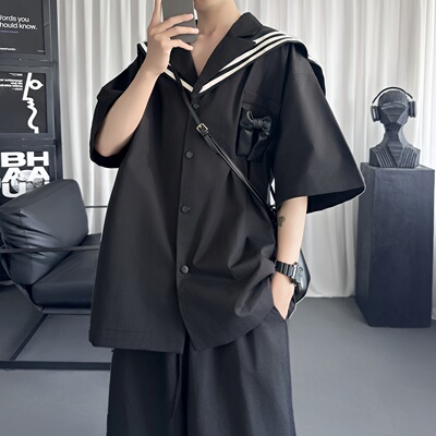 现货水手服DK学院风复古海军领皮蝴蝶结宽松男上衣衬衫D382-P58