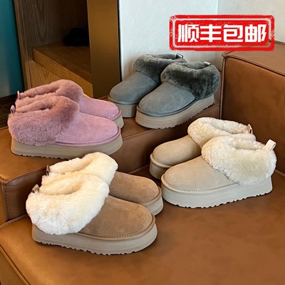 桑坡雪地靴女皮毛一体厚底一脚蹬加绒加厚乐福鞋懒人棉鞋女外穿