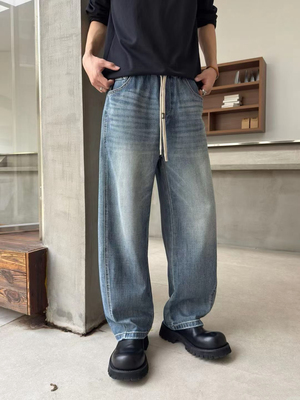 美式潮牌复古松紧腰弯刀牛仔裤男