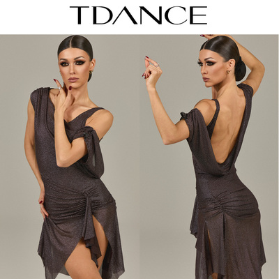 TDANCE斜肩褶皱荡领飞片连衣裙