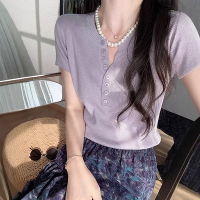 冰丝针织衫短袖T恤女夏季2026新款单排扣细坑条圆领上衣22469