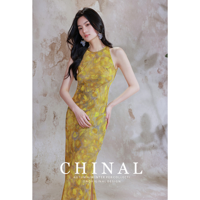 CHINAL夏新款100%桑蚕丝连衣裙法式气质收腰修身挂脖印花真丝长裙