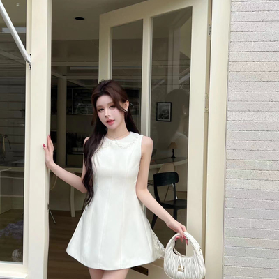 瑞瑞光女神裙赵露思同款小白裙娃娃领钉珠无袖连衣裙连衣裙18027