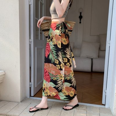 系带纱笼裙云南傣族裙复古印花东南亚绑带一片式长裙隆基裙泰国裙