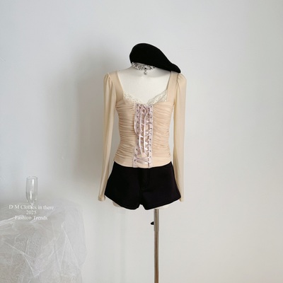 kubiliv娇嗲美人交叉绑带性感网纱T恤女修身收腰纯欲蕾丝上衣