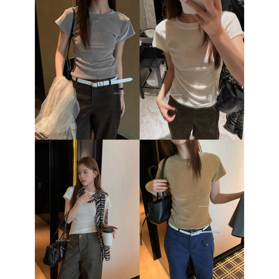 MZI STUDIO秋游韩系丝绒高贵优雅圆领收腰显瘦百搭短袖T恤女13387