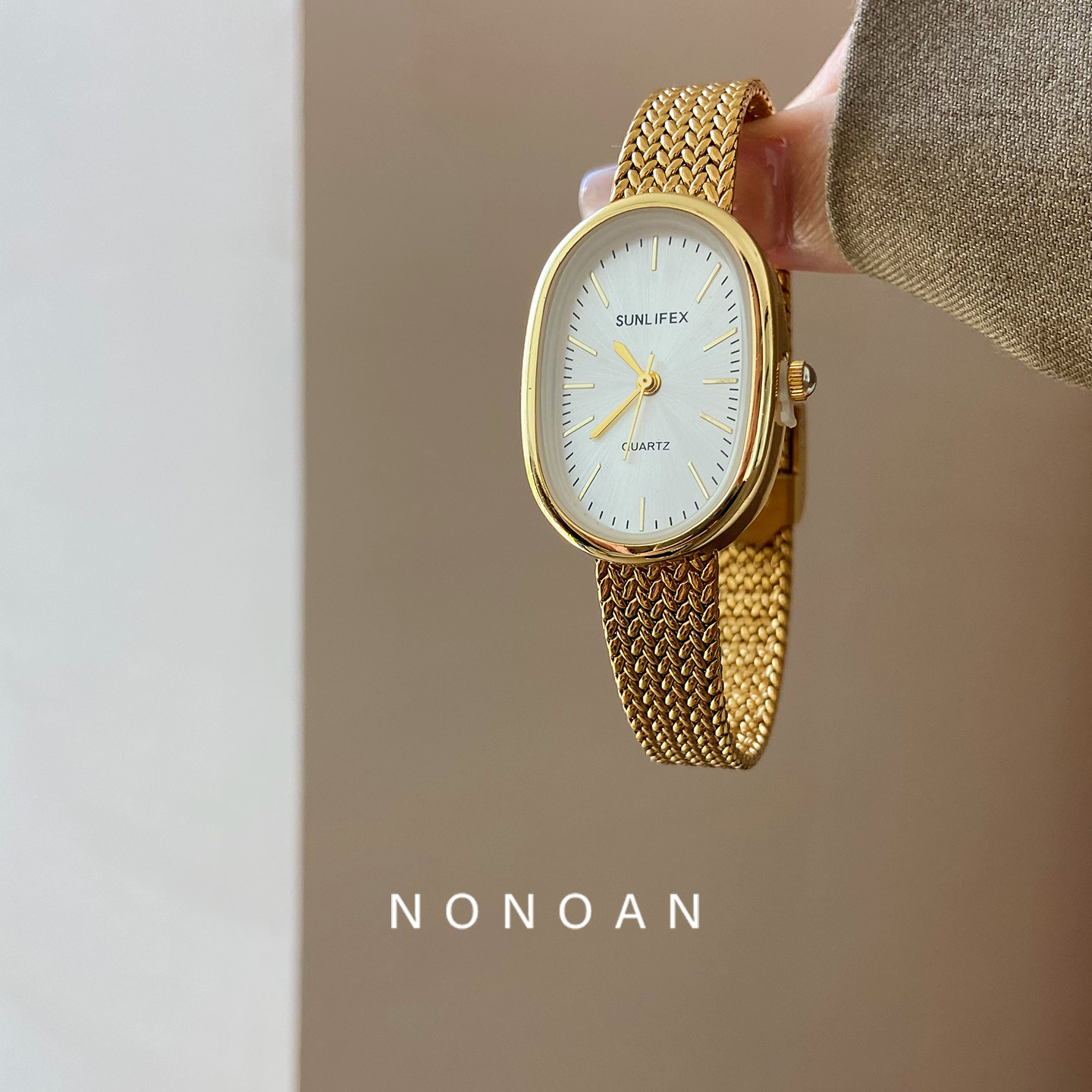 NONOAN 女士轻奢风小众简约气质通勤百搭精致麦穗网带石英手表769