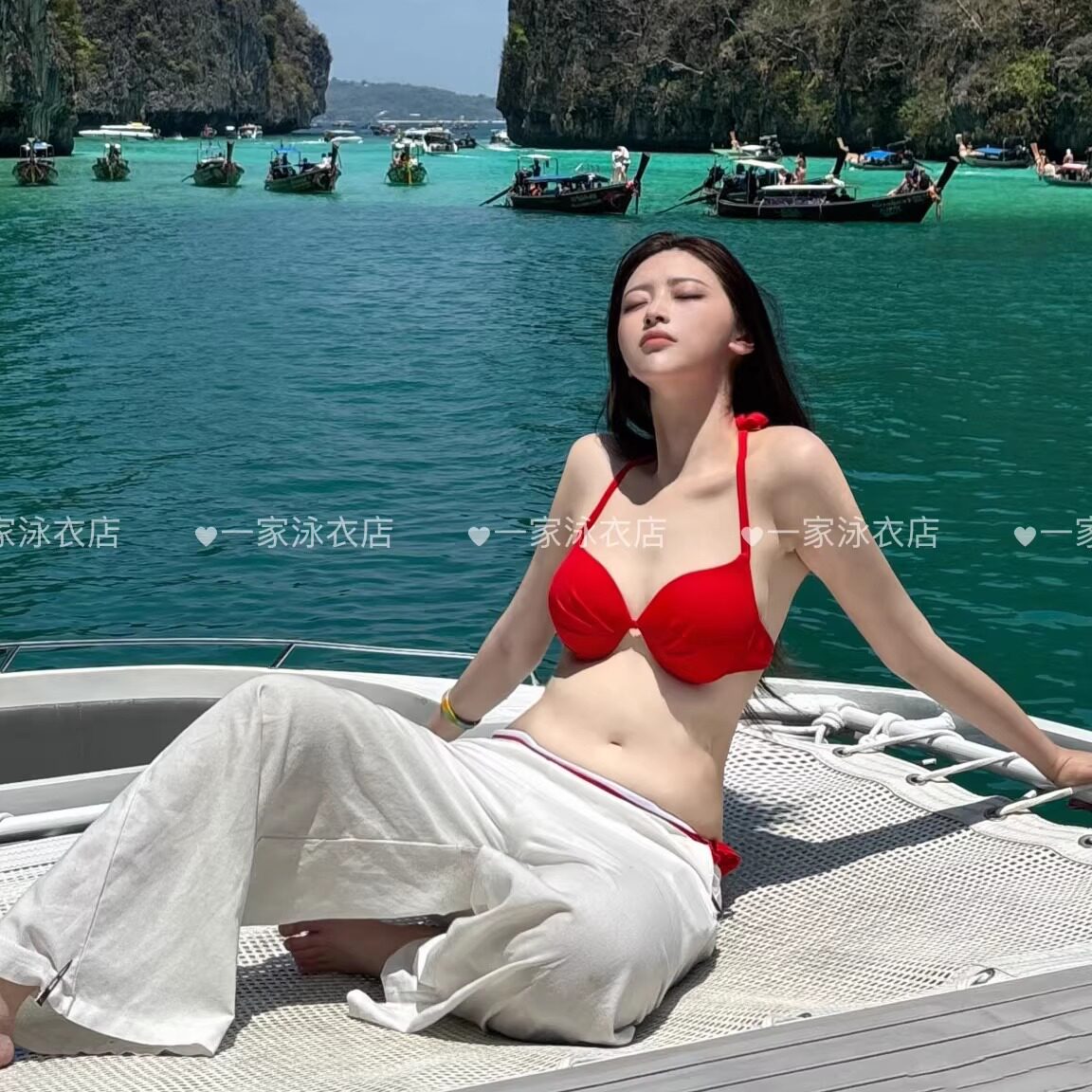 氛围感红色比基尼女分体钢托聚拢海边度假性感泳衣女白衬衫长裤子