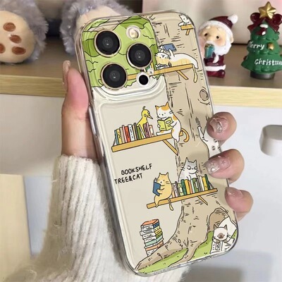 卡通VIVOy200i苹果14透明软iPhone12小猫看书学生党16ProMax创意OPPOReno13华为MATE70手机壳15适用iQOOneo10