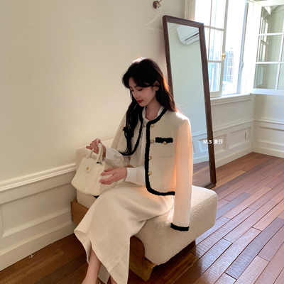 撞色织带边小香风短外套+半身裙两件套套装yy8279