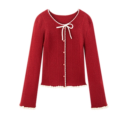 【商场同款】甜美撞色木耳边圆领线套衫25春季新款毛衣C1EEF1224