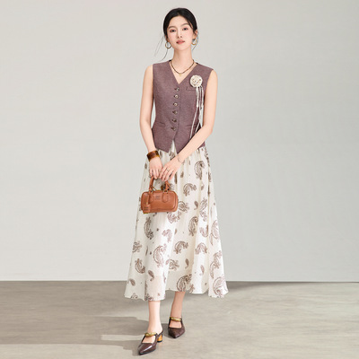 新款棉麻混纺马甲+印花半身裙套装南油女装夏，4.18号后再拍