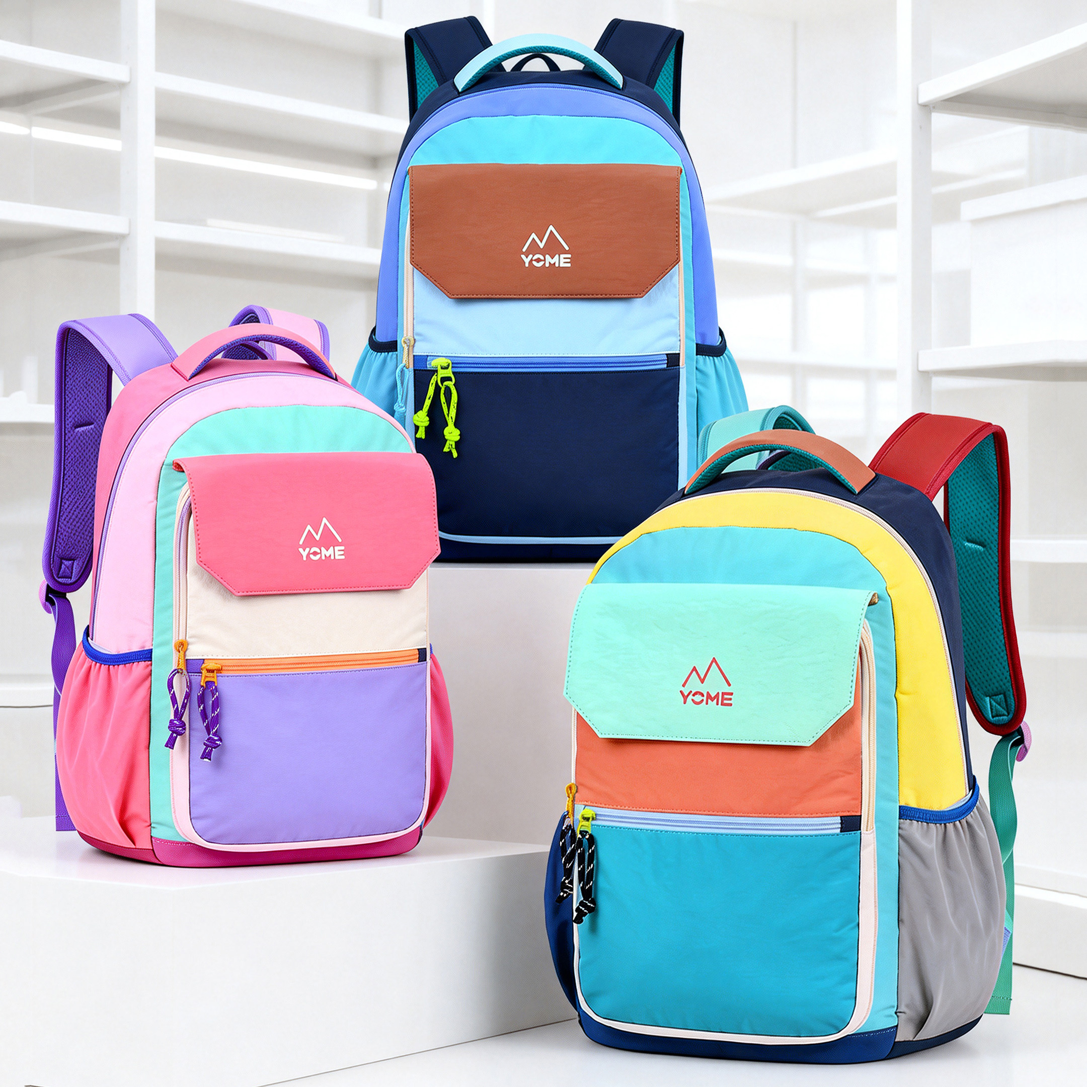 Yome撞色拼接双肩包学生书包男女轻便减负大容量优米背包3-6年级