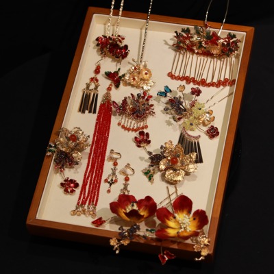 ETE正品新款红金撞色新娘高级绒花大气流苏精致发饰套装12878