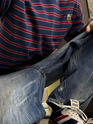 陈发财FA CAI新款简约设计感唐老鸭条纹短袖T恤情侣装小领口