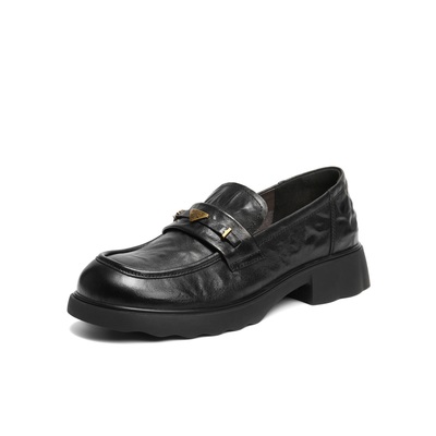 百丽羊皮乐福鞋黑色小皮鞋女鞋