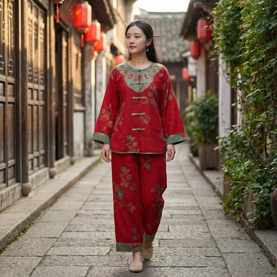 新中式国风色织家居服2025纯棉睡衣套装可外穿四季可穿中年妈妈衣