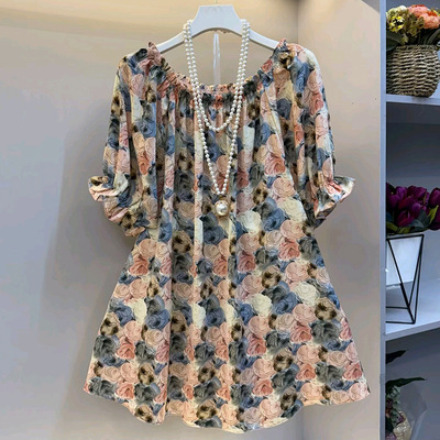 大码女装短袖收腰小衫碎花衬衫