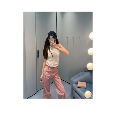 进口定染柔雾粉色高腰牛仔裤女
