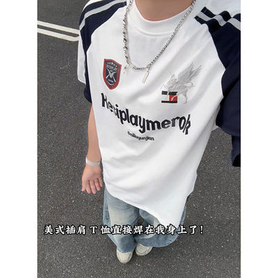 【NO LOGO PLUS】暗物质2026男士撞色插肩美式高街印花短袖T恤半