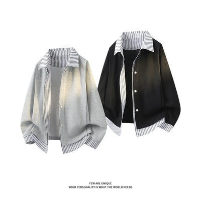 春季复古卫衣条纹衬衫翻领上衣男