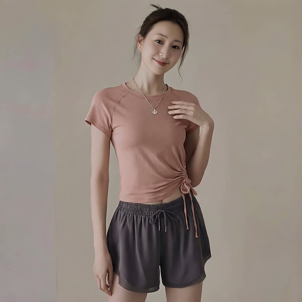 瑜伽服短袖女夏薄款运动T恤跑步套装专业跑步可欣抽绳健身上衣