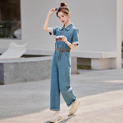 女士连体裤夏季质新款女带YF2576-0装气翻配领直筒裤连体衣腰