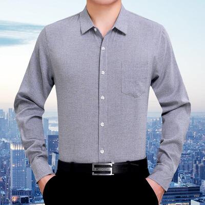 款秋季商务新中青袖年男士长衬衫爸9951-R爸装真口袋衬桑蚕丝衣