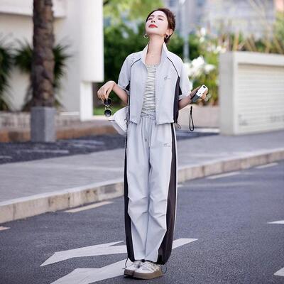 时尚套夏款女装立领外新套条纹季背心阔腿裤HF25829-三装件套