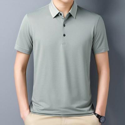夏男士桑蚕丝短袖H24-9072恤休闲翻领纯色青中商年男务装新冰丝衫